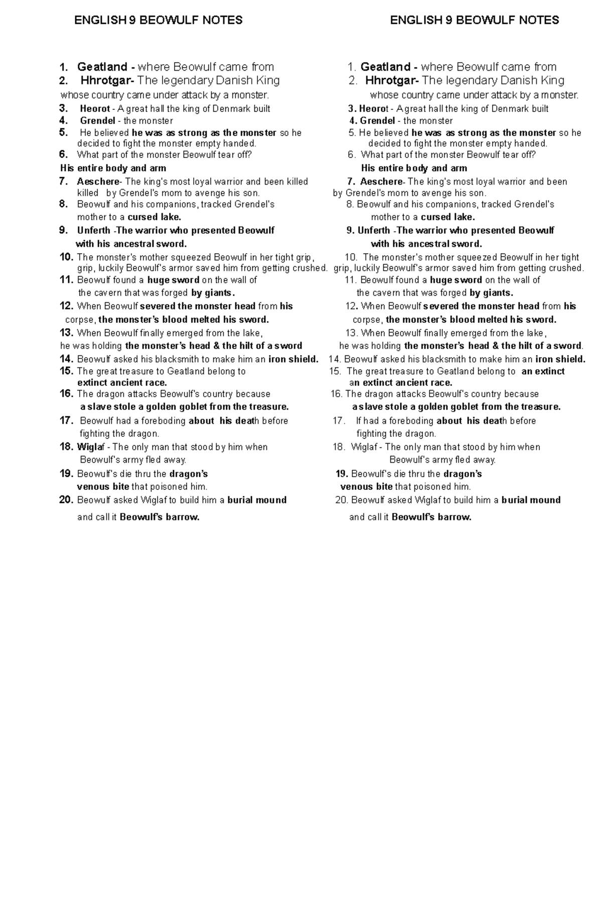 Beowulf Notes - ENGLISH 9 BEOWULF NOTES ENGLISH 9 BEOWULF NOTES 1 ...