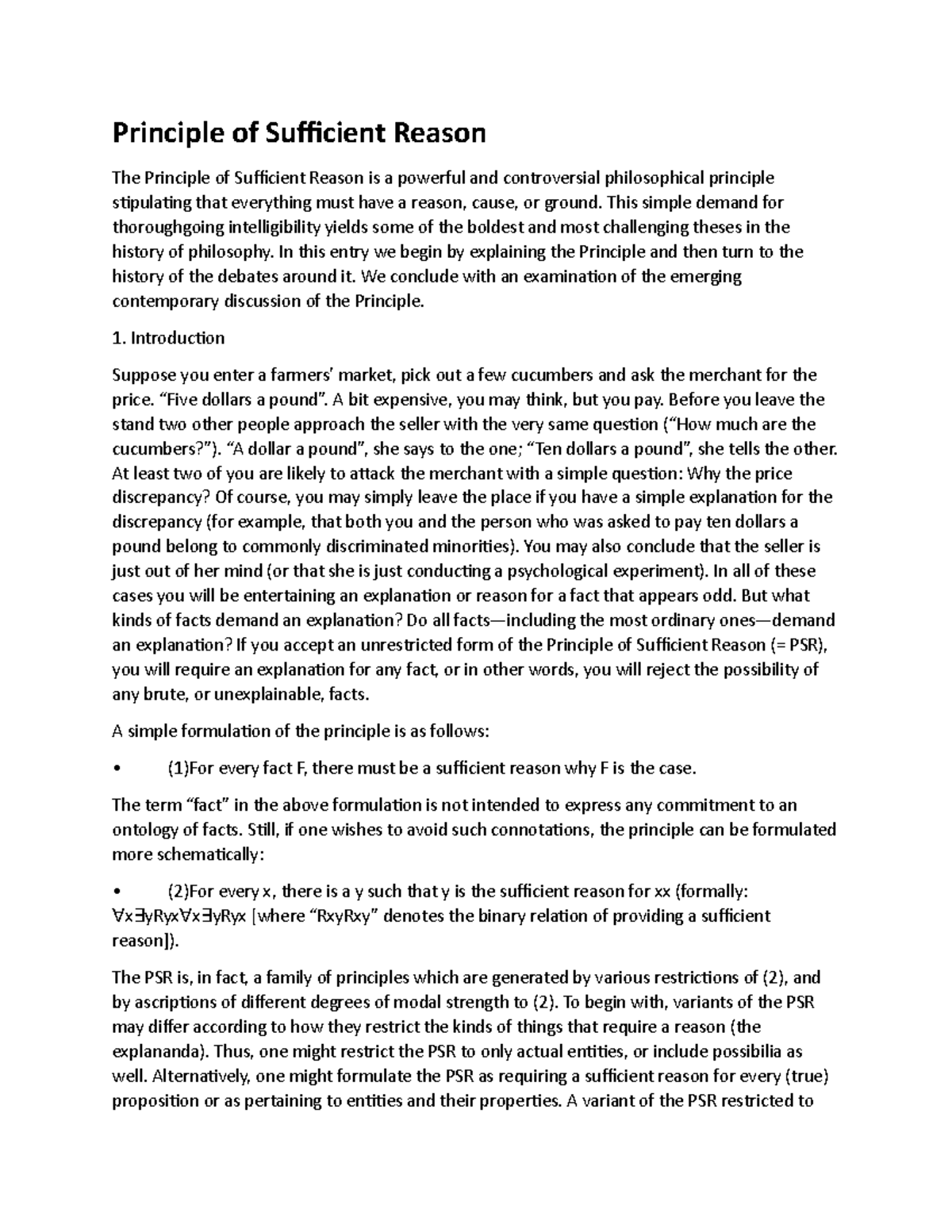 Lecture in Principle of Sufficient Reason - Principle of Sufficient ...