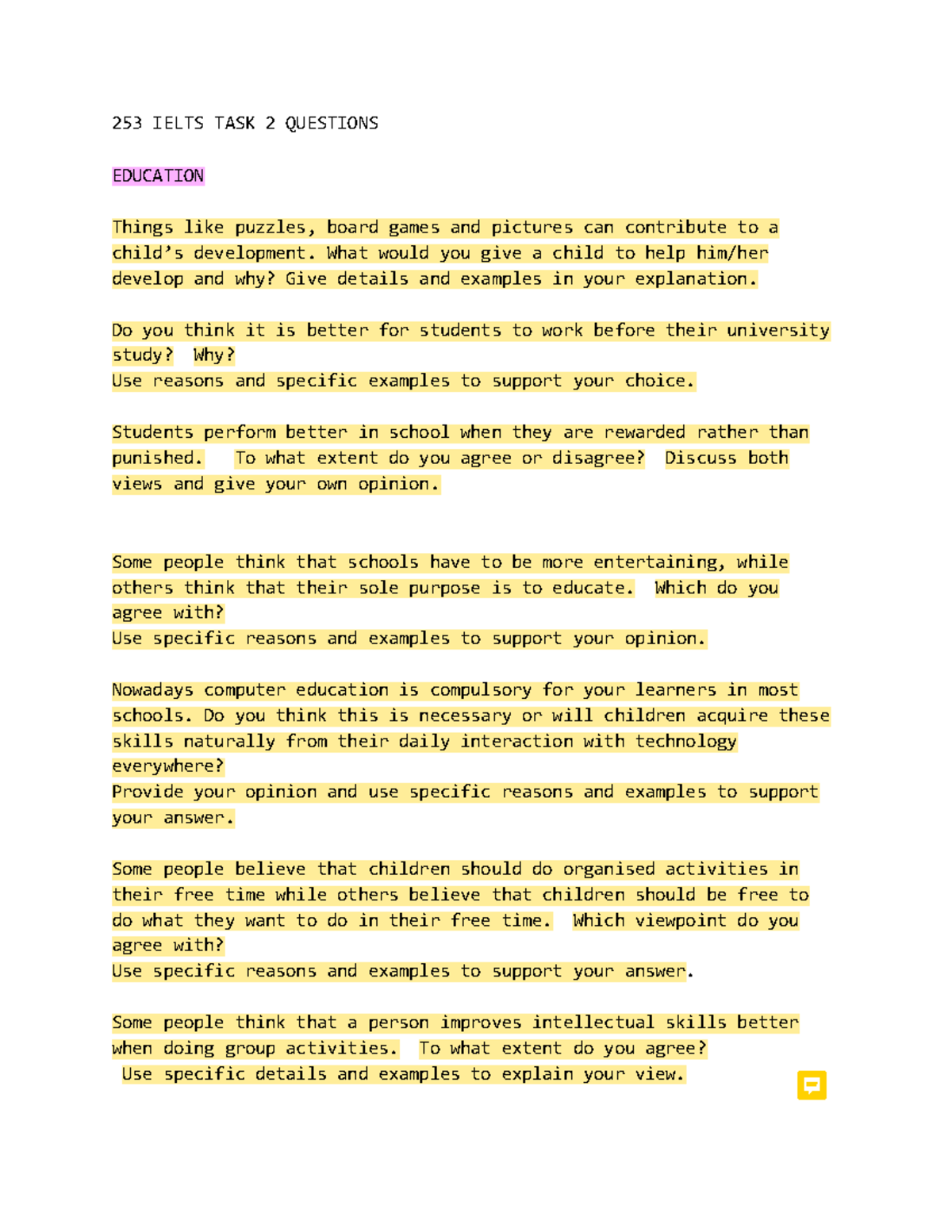 252 questions - best of luck - 253 IELTS TASK 2 QUESTIONS EDUCATION ...