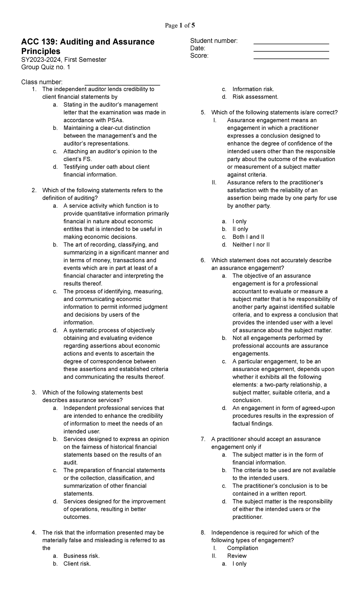 Inbound 4090329207840831832 - ACC 139: Auditing and Assurance Principles SY2023-2024, First ...
