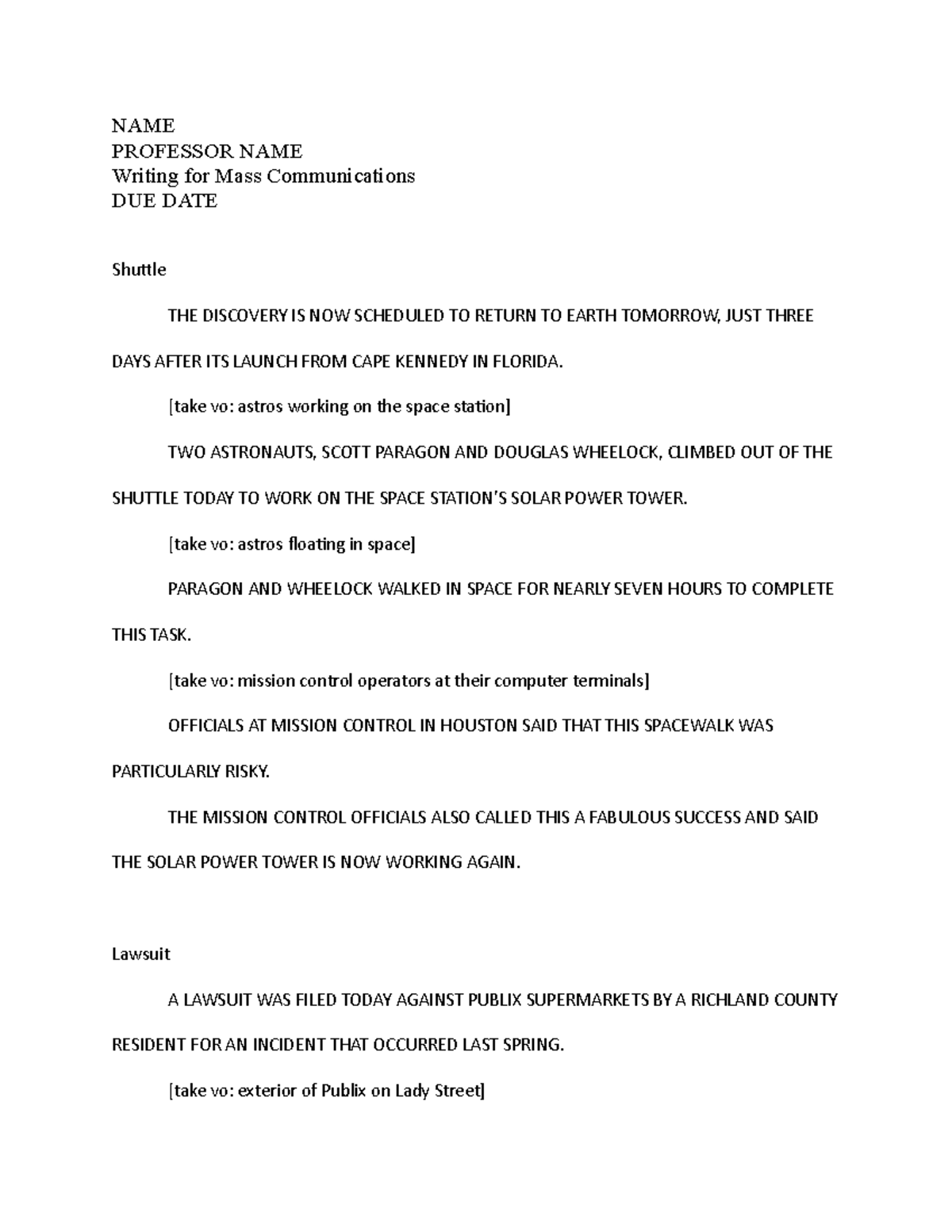 J291 Broadcast VO Sample - NAME PROFESSOR NAME Writing for Mass ...