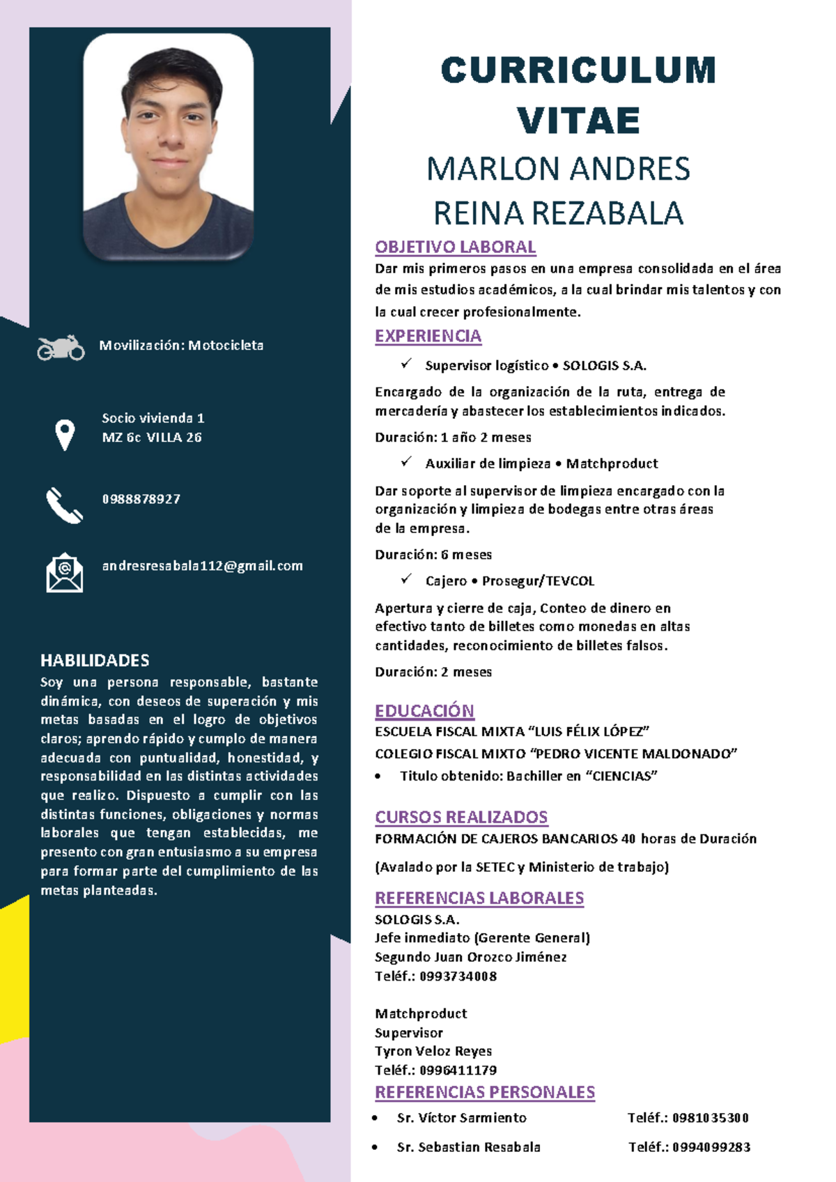 Curriculum vitae Marlon Reina pdf-1 - CURRICULUM VITAE MARLON ANDRES REINA REZABALA OBJETIVO ...