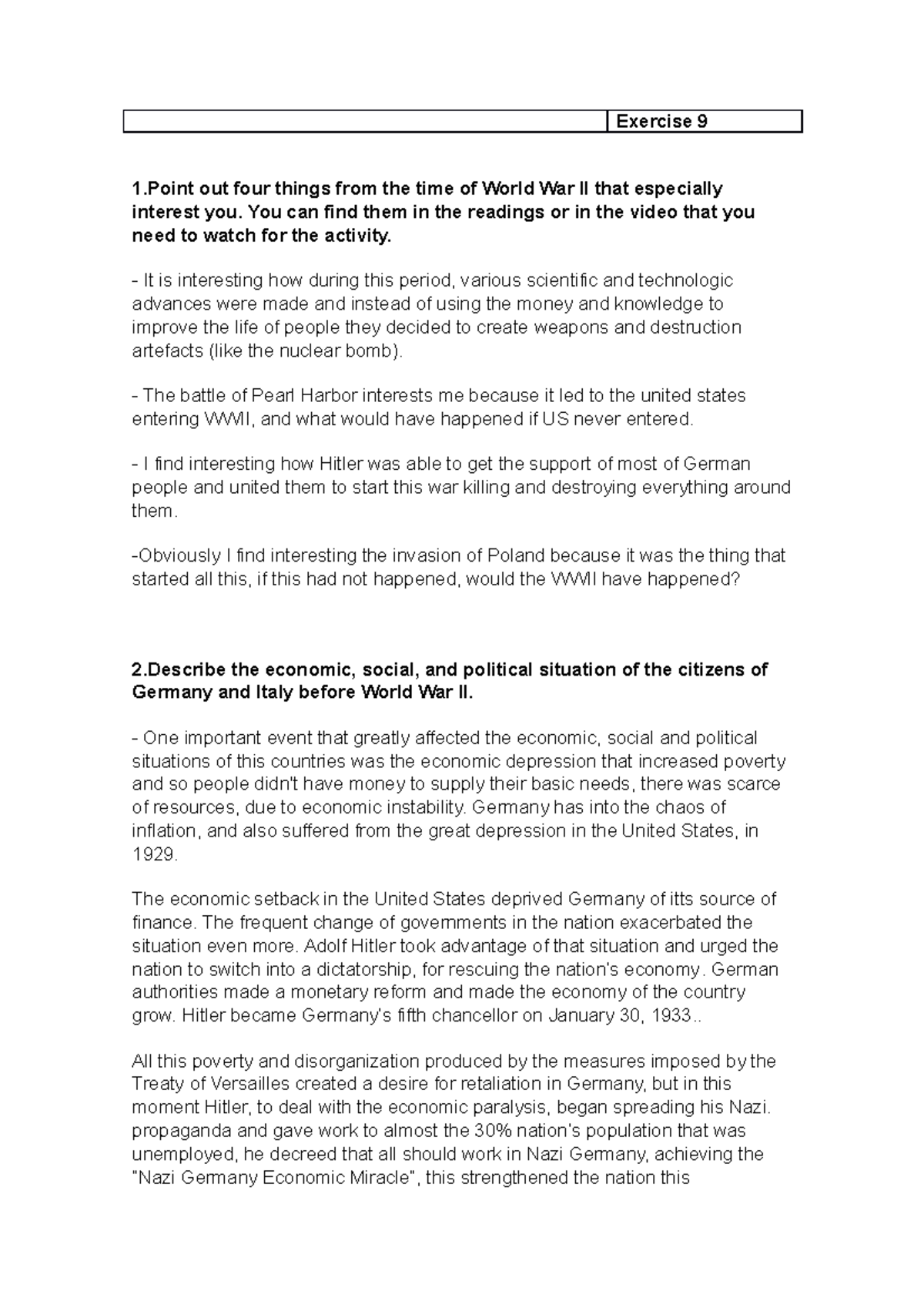 Excersice 9 contemporary world - Exercise 9 1 out four things from the ...