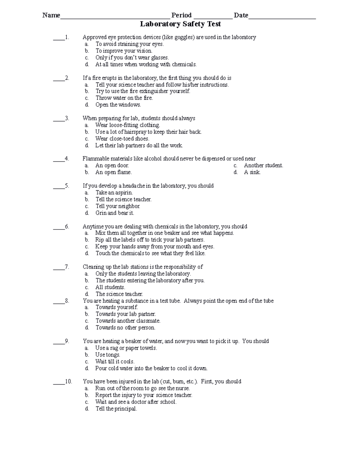 Flinn Safety Test - n/a - Name_______________________________ Period ...