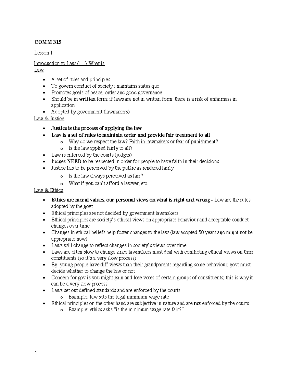 COMM315 Notes - COMM 315 Lesson 1 Introduction to Law (1) What is Law A ...