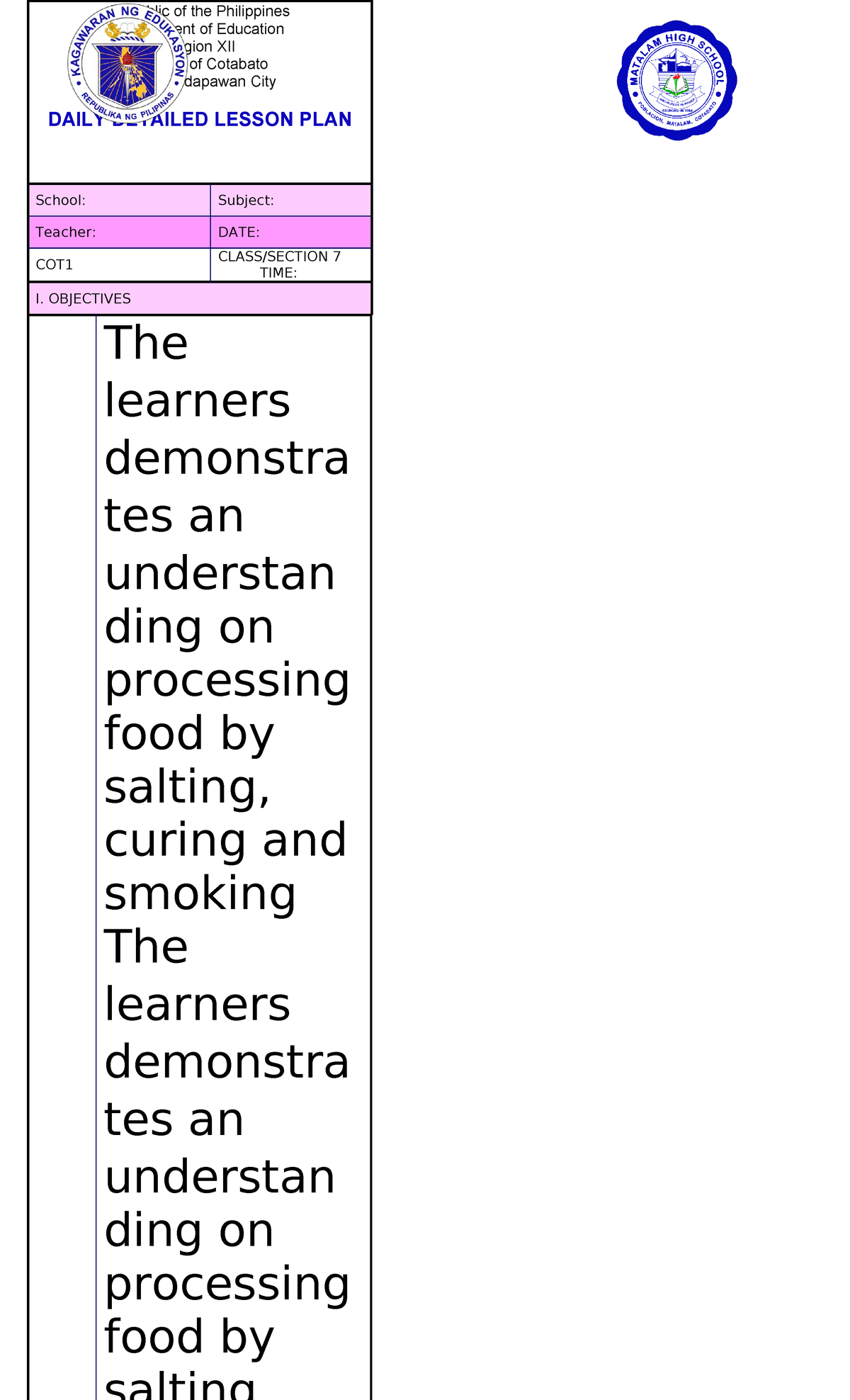 Lesson PLAN TLE Revised - Republic of the Philippines Department of ...