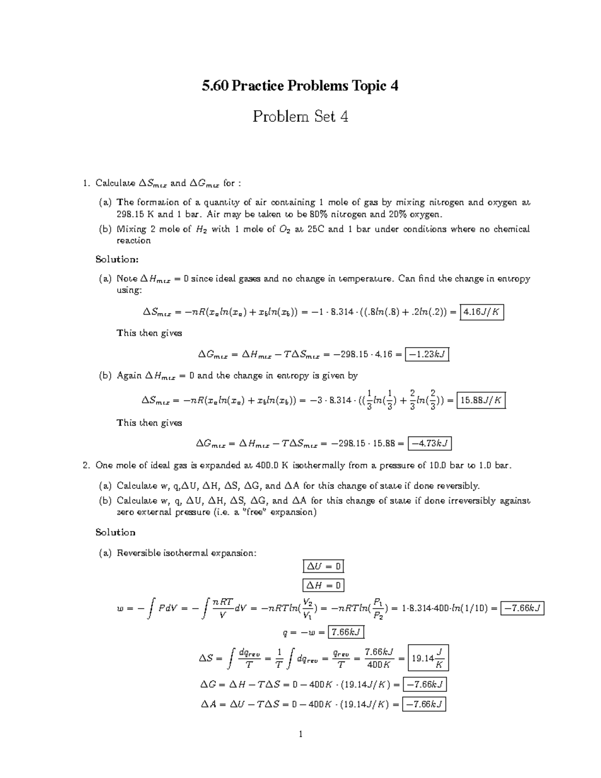 5.60 Practice Problems Topic 4 and Solution - Problem Set 4 Calculate ∆ ...