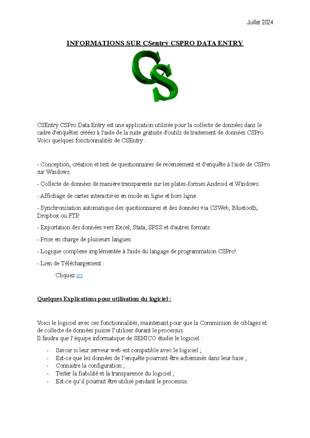 Informations SUR CSentry Cspro DATA Entry - Juillet 2024 INFORMATIONS ...
