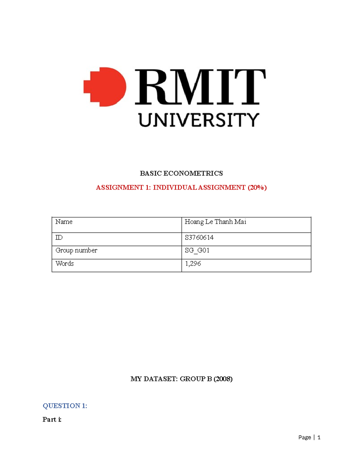 S3760614 Assignment 1 Basic Econometrics - BASIC ECONOMETRICS ASSIGNMENT 1: INDIVIDUAL ...