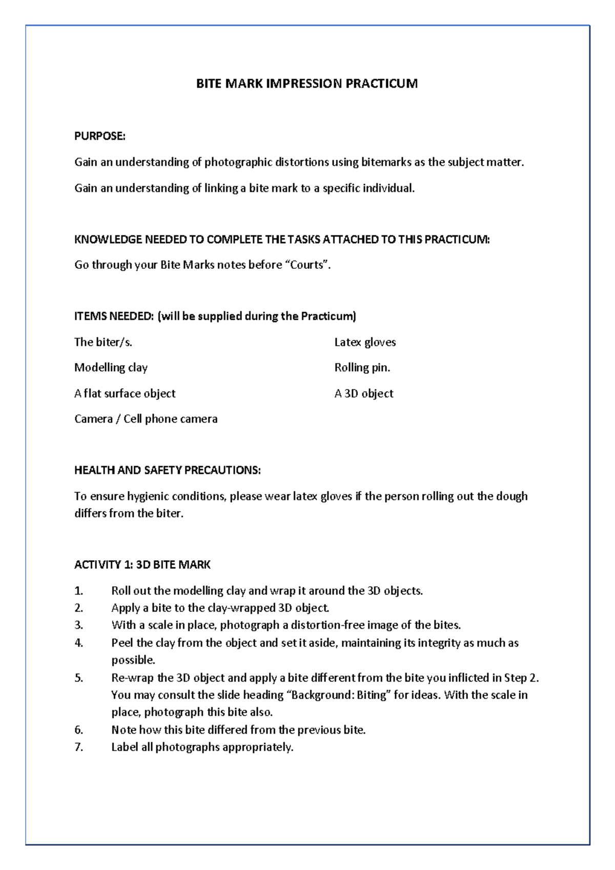 Bite Impressions Prac Sheet 2024 - BITE MARK IMPRESSION PRACTICUM ...