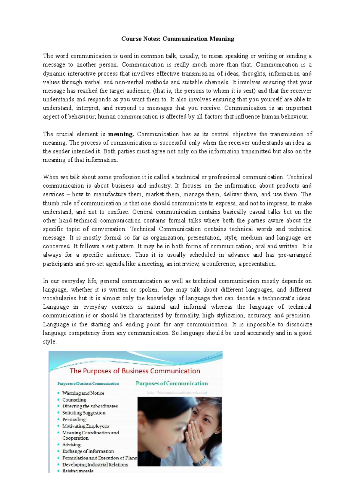 Notes Communication Skills Unit I - Course Notes: Communication Meaning ...