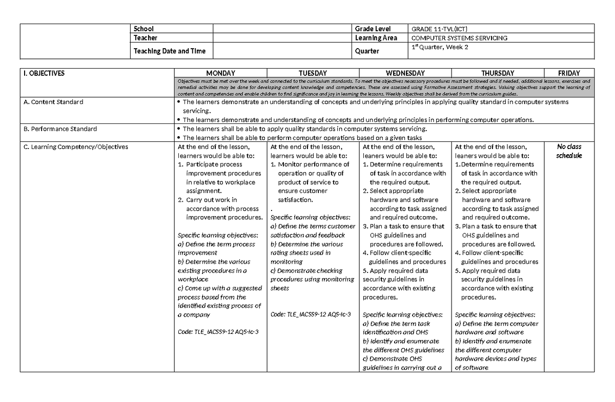 1Q DLL CSS11 week2 - Week 2 Daily Lesson Log on Computer Systems Servicing 1 - School Grade ...