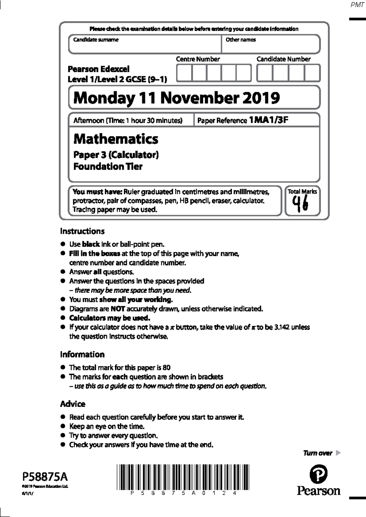 Nov 2019 GCSE Maths QP - All Questions Included - Answer ALL questions ...