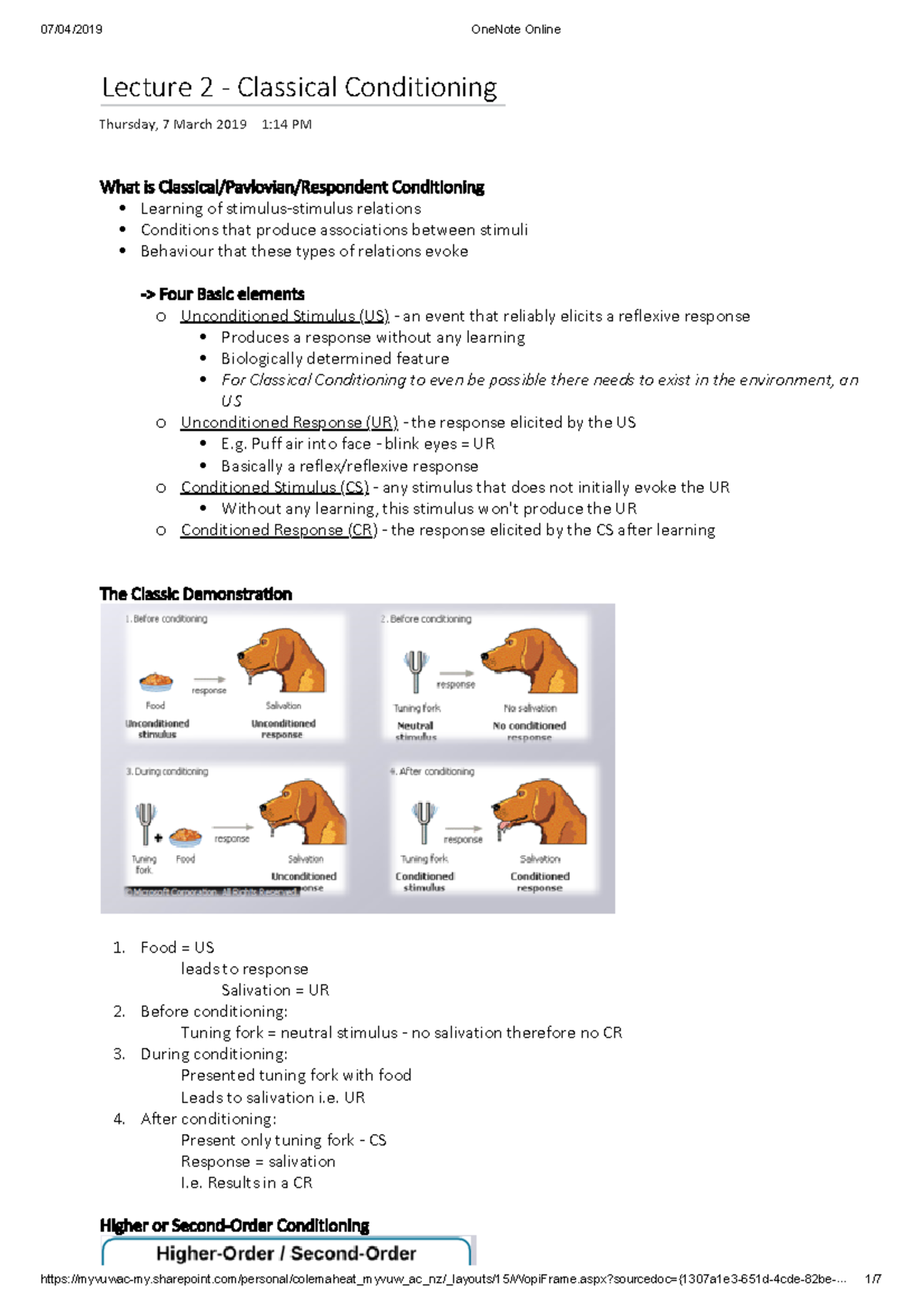 Lecture 2: Classical Conditioning I - 07/04/2019 OneNote Online Lecture 2 - Classical ...