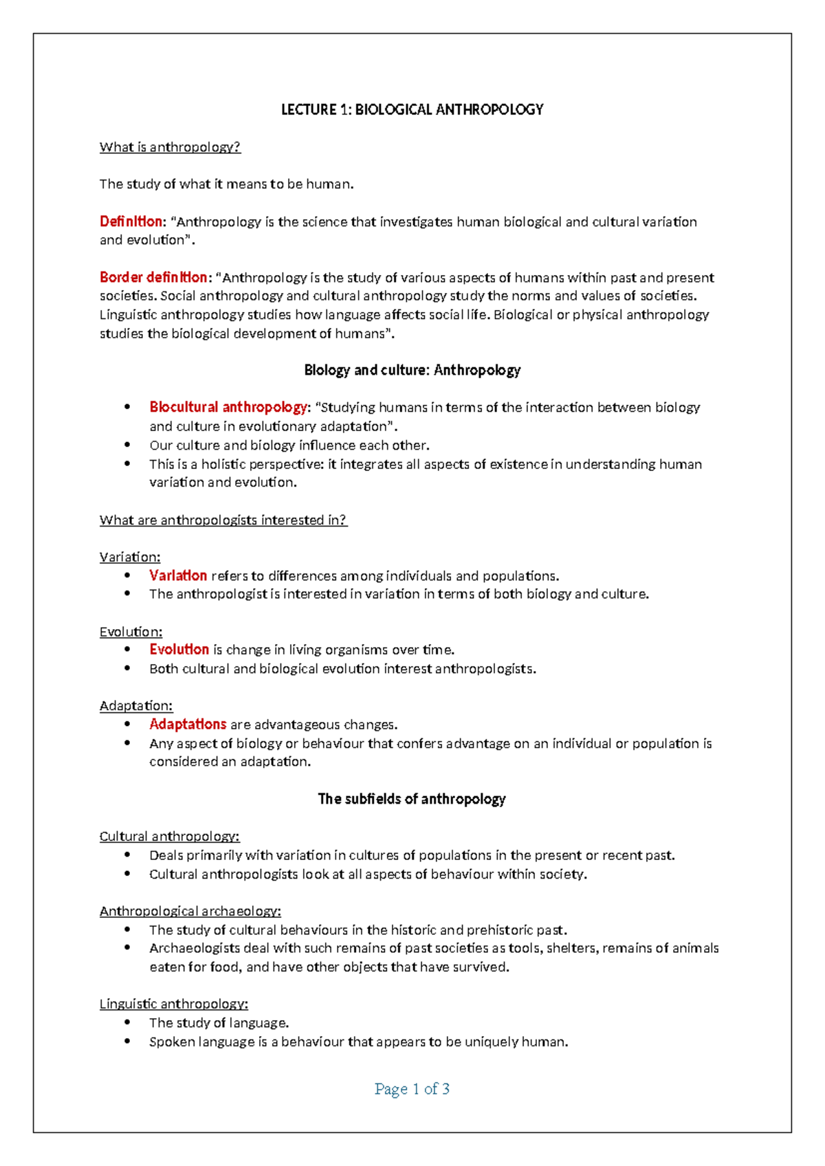 Lecture 1 - Biological Anthropology - LECTURE 1: BIOLOGICAL ...