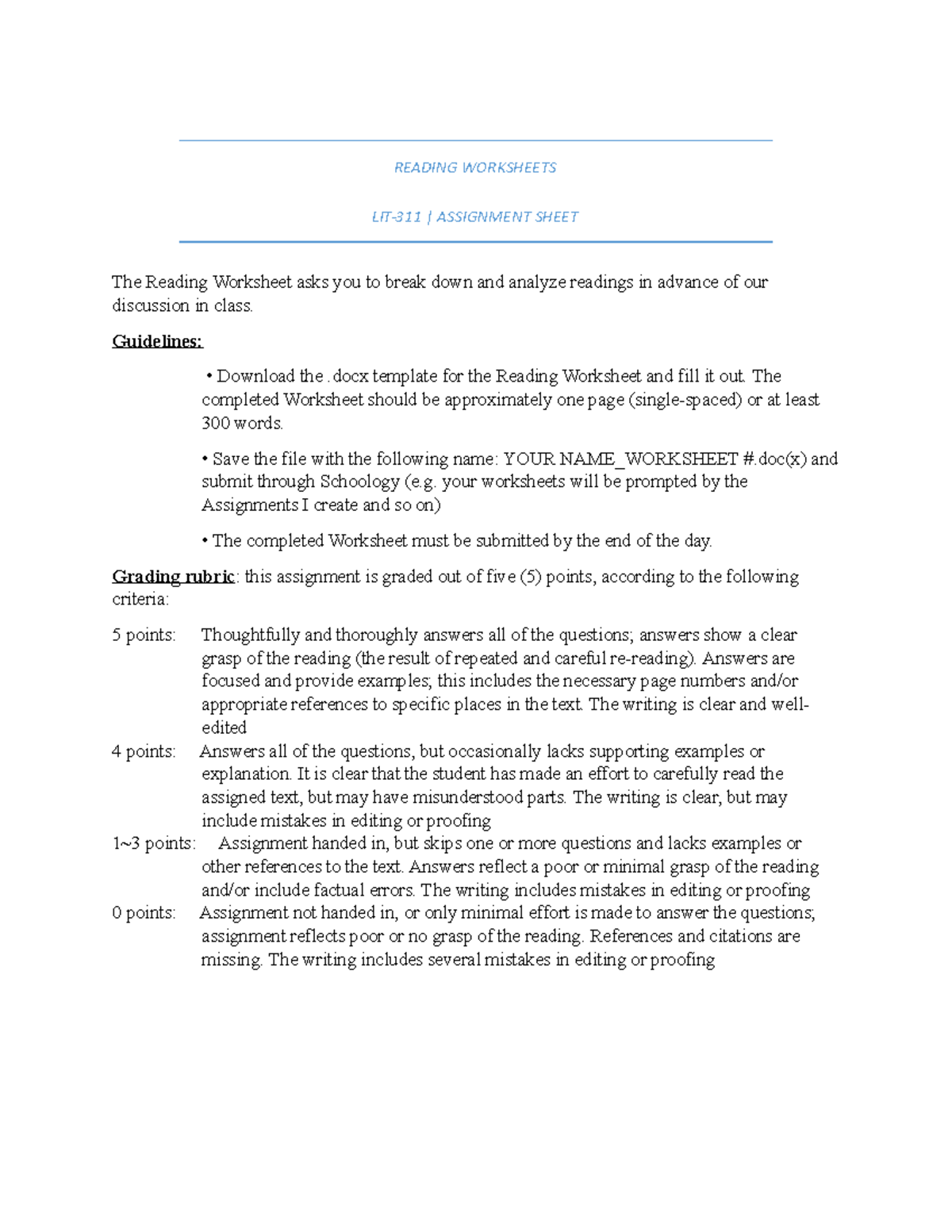 Assignment-Instructions - READING WORKSHEETS LIT-311 | ASSIGNMENT SHEET ...