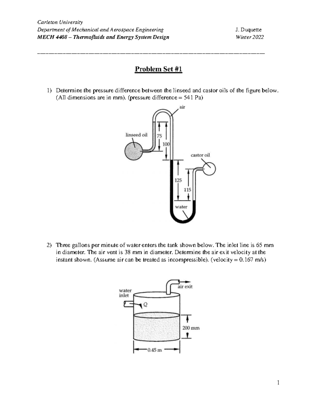 Problem set 1 - Carleton University Department of Mechanical and ...