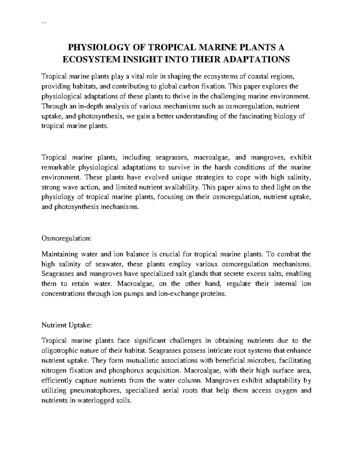 Physiology OF Tropical Marine Plants A Ecosystem Insight INTO Their ...