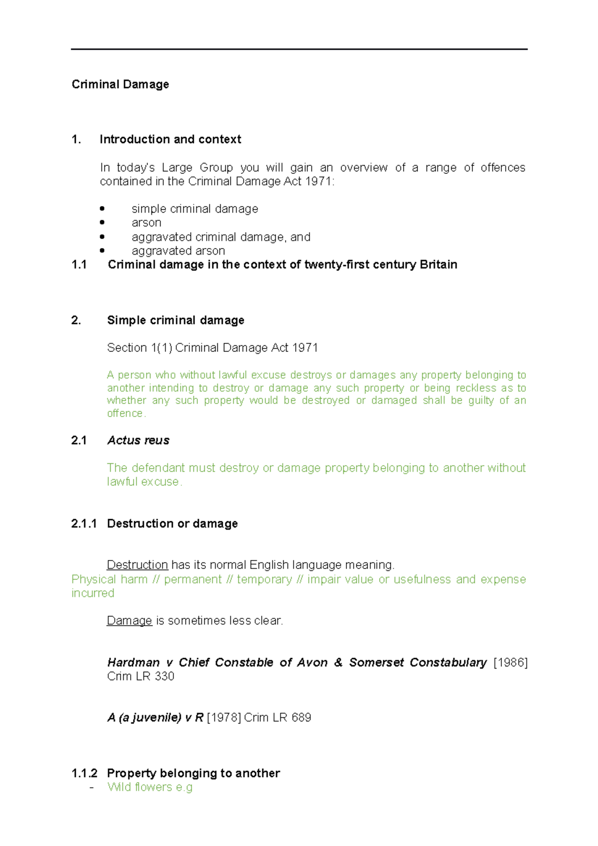 LG 4 Criminal Damage - Full lecture notes LLB LawFull lecture notes LLB ...