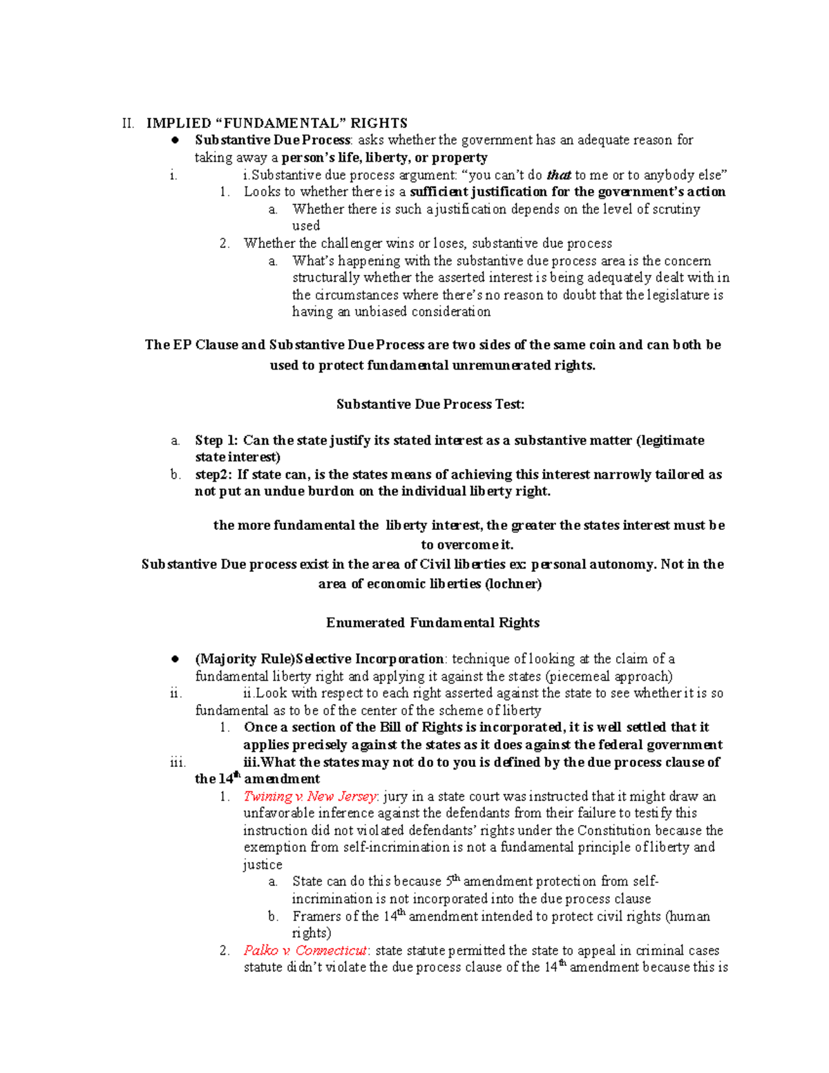Con Law Outline - II. IMPLIED “FUNDAMENTAL” RIGHTS Substantive Due ...