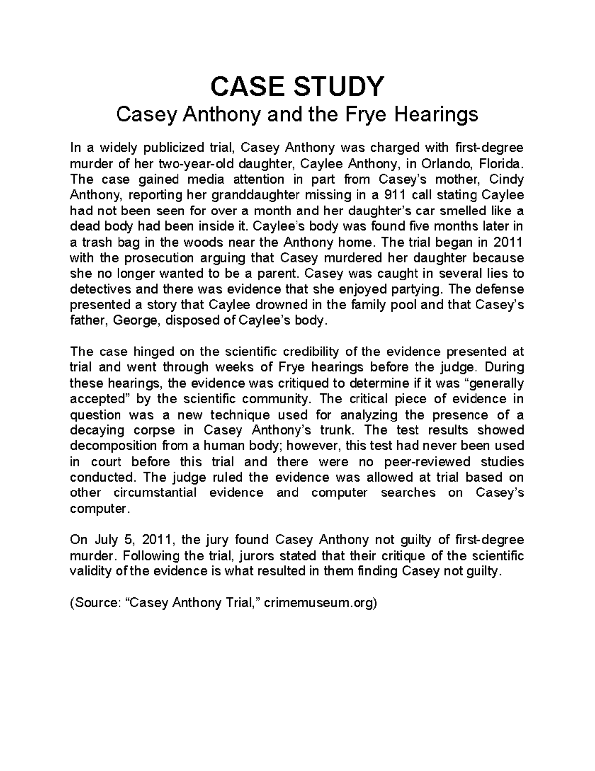 Casey Anthony CASE Study - CASE STUDY Casey Anthony and the Frye ...