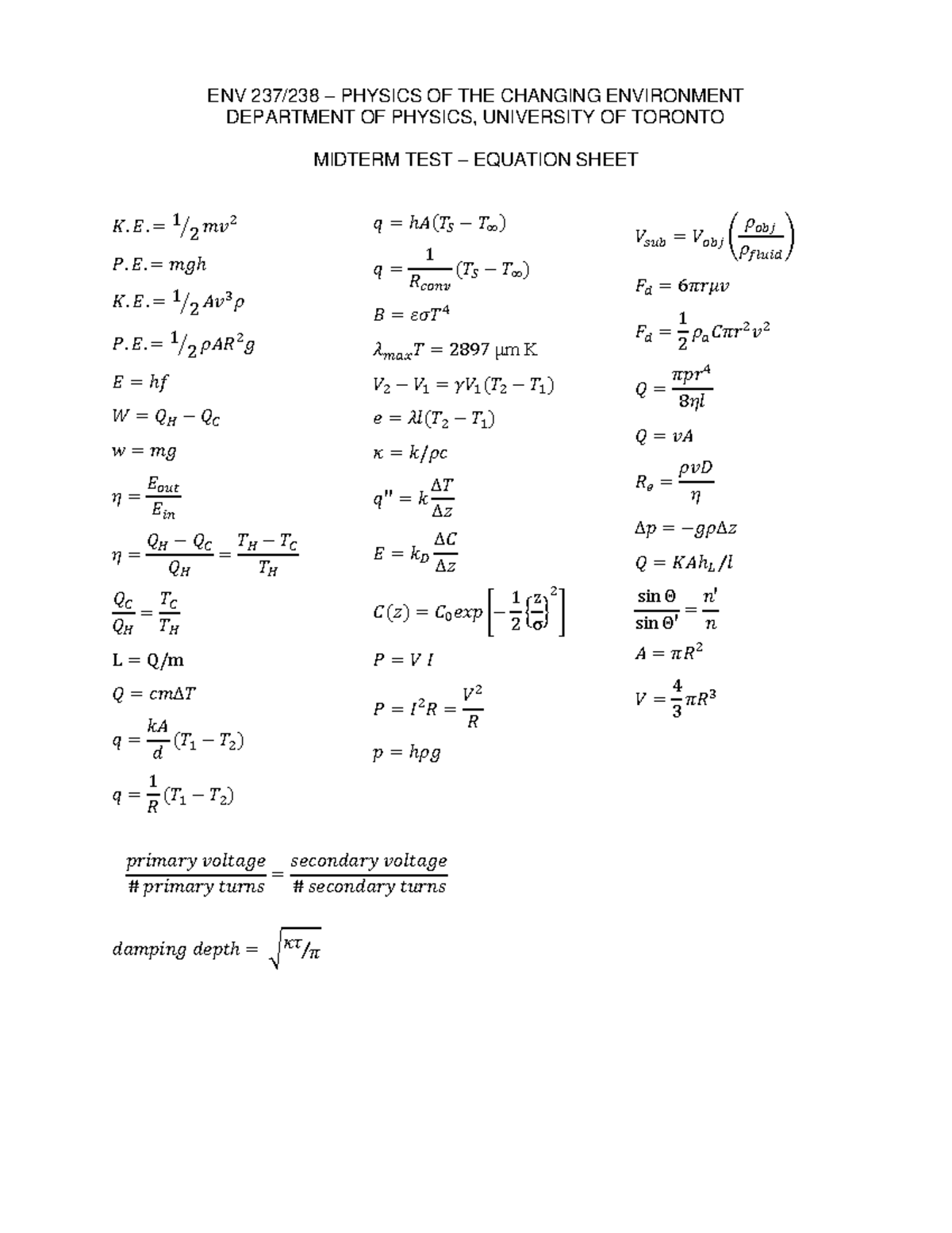 237-238 equations constants - ENV 237/238 – PHYSICS OF THE CHANGING ...
