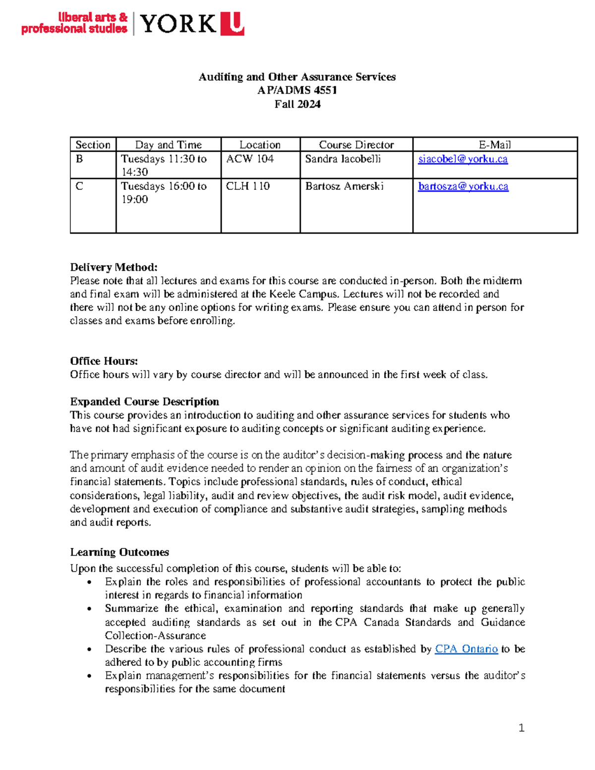 ADMS 4551 Course Outline Detailed Fall 2024 - (update Sept 20) - Auditing and Other Assurance ...
