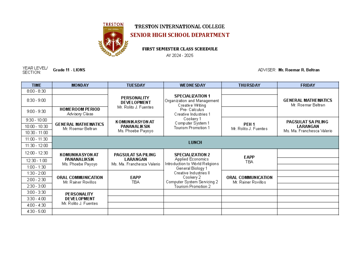 SHS Class Schedule 1st Semester AY 2024 2024 Lions - TRESTON ...