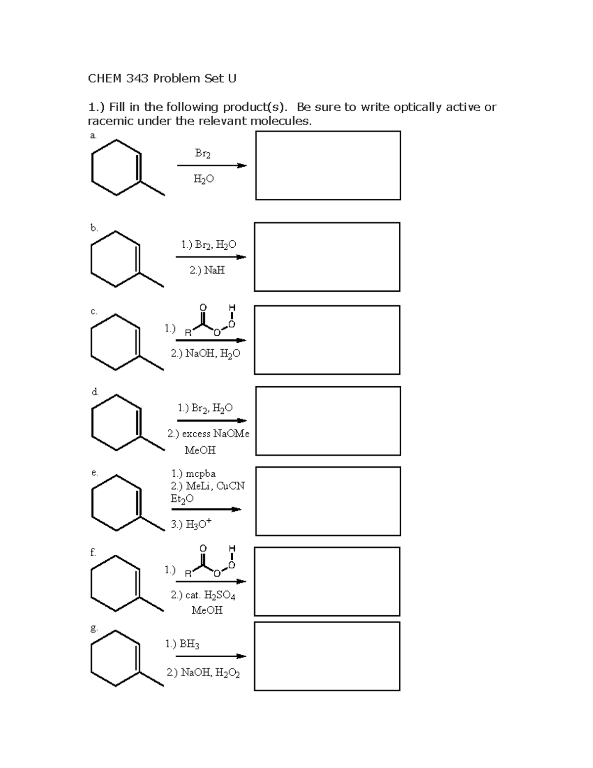 Chem343 PSET U - Exam prep - CHEM 343 Problem Set U 1.) Fill in the ...