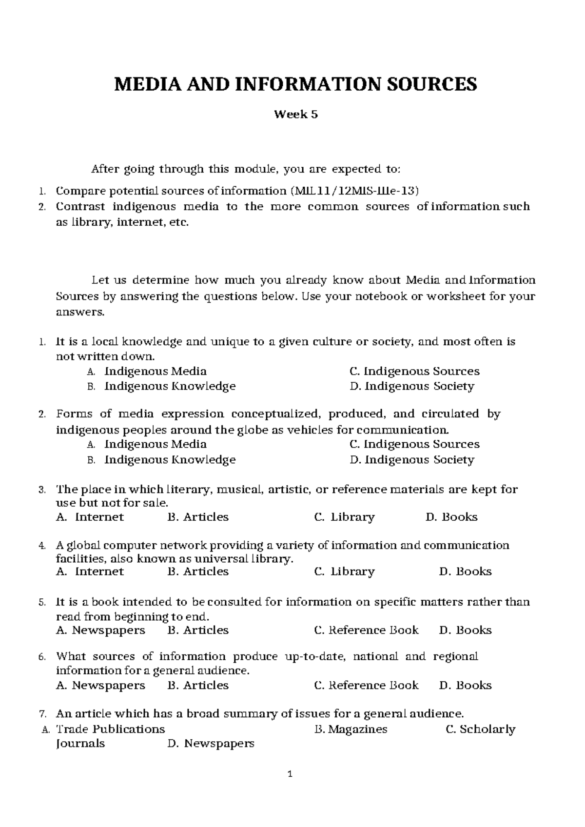 MIL Q1 Week5 Handout - MEDIA AND INFORMATION SOURCES Week 5 After going ...