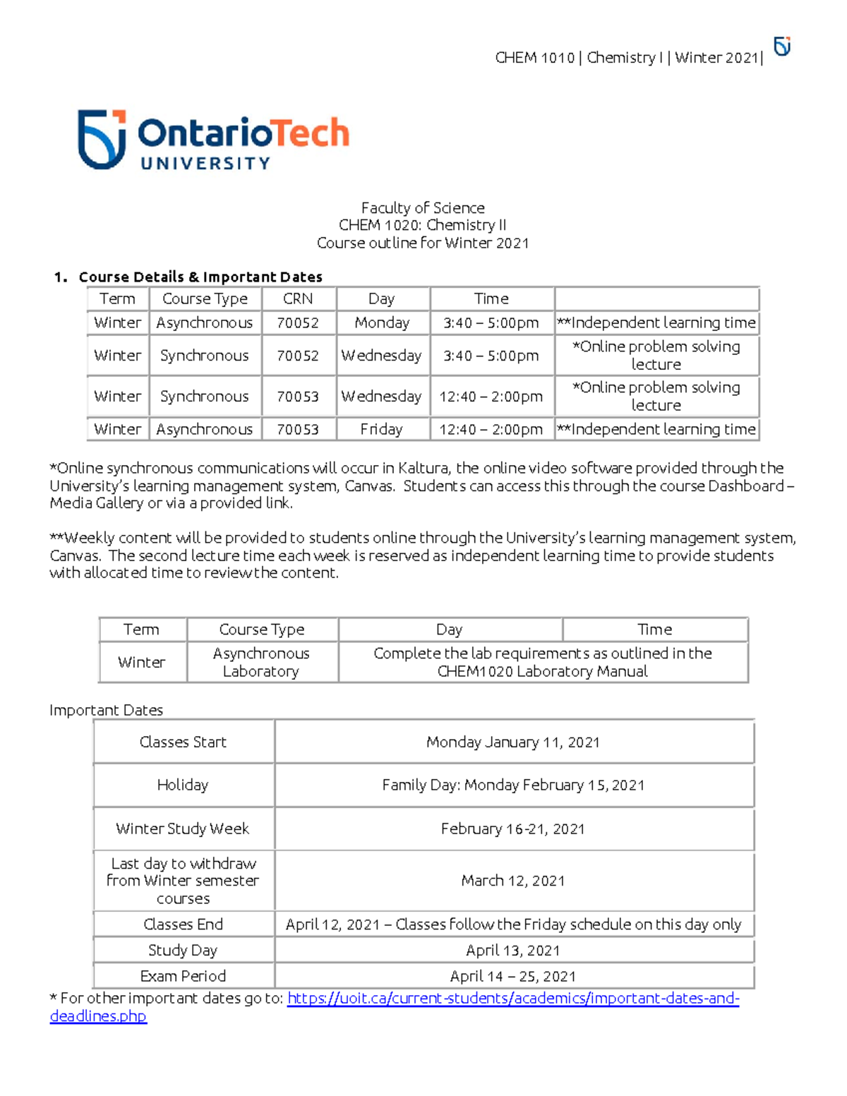 Chem 1020 syllabus W21 - mand info - Faculty of Science CHEM 1020 ...