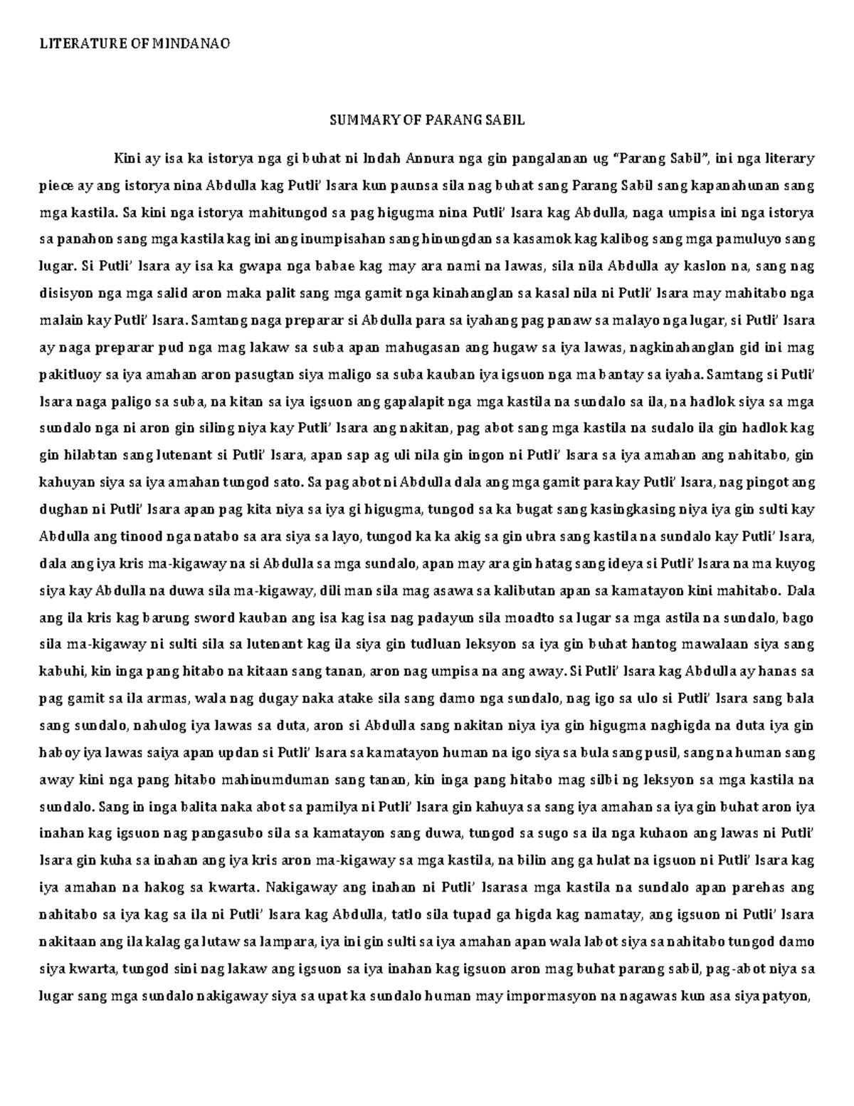 Summary-Parang Sabil - LITERATURE OF MINDANAO SUMMARY OF PARANG SABIL ...