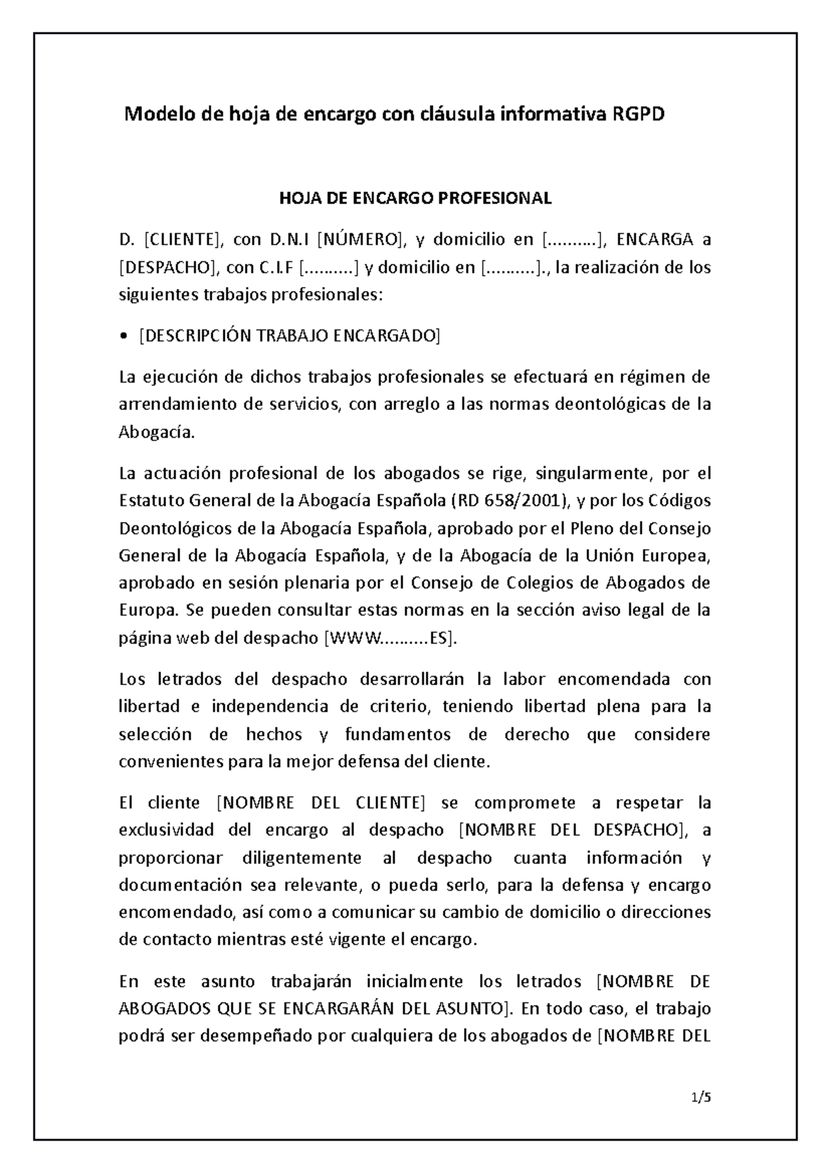 Modelo Hoja de Encargo RGPD para despacho - Modelo de hoja de encargo ...