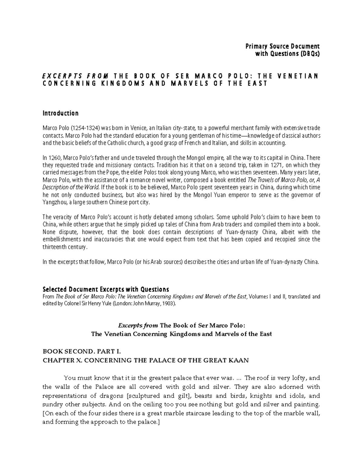 Marco Polo text in English - Primary Source Document with Questions ...