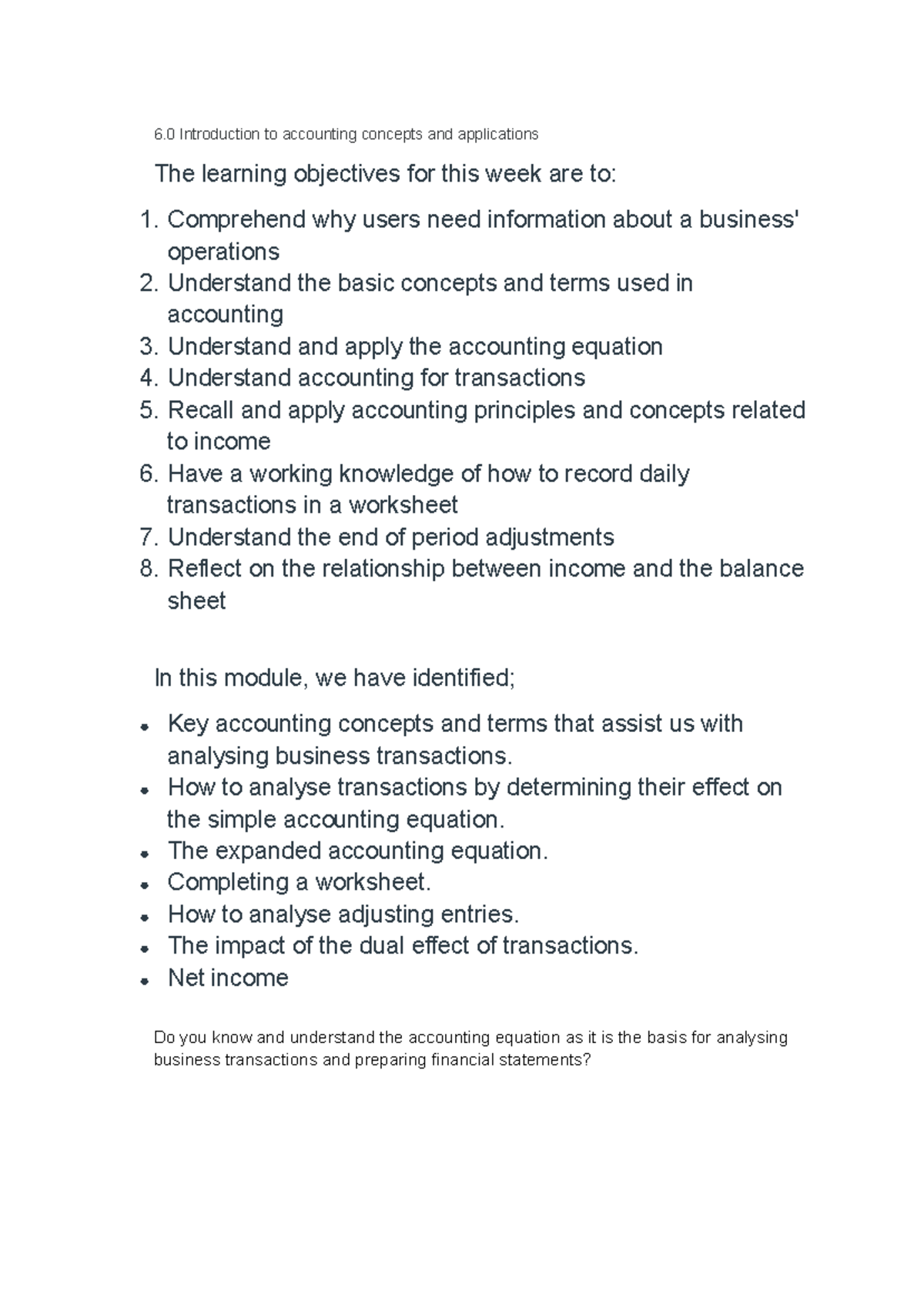 Week 6 Lecture Objectives - 6 Introduction to accounting concepts and ...