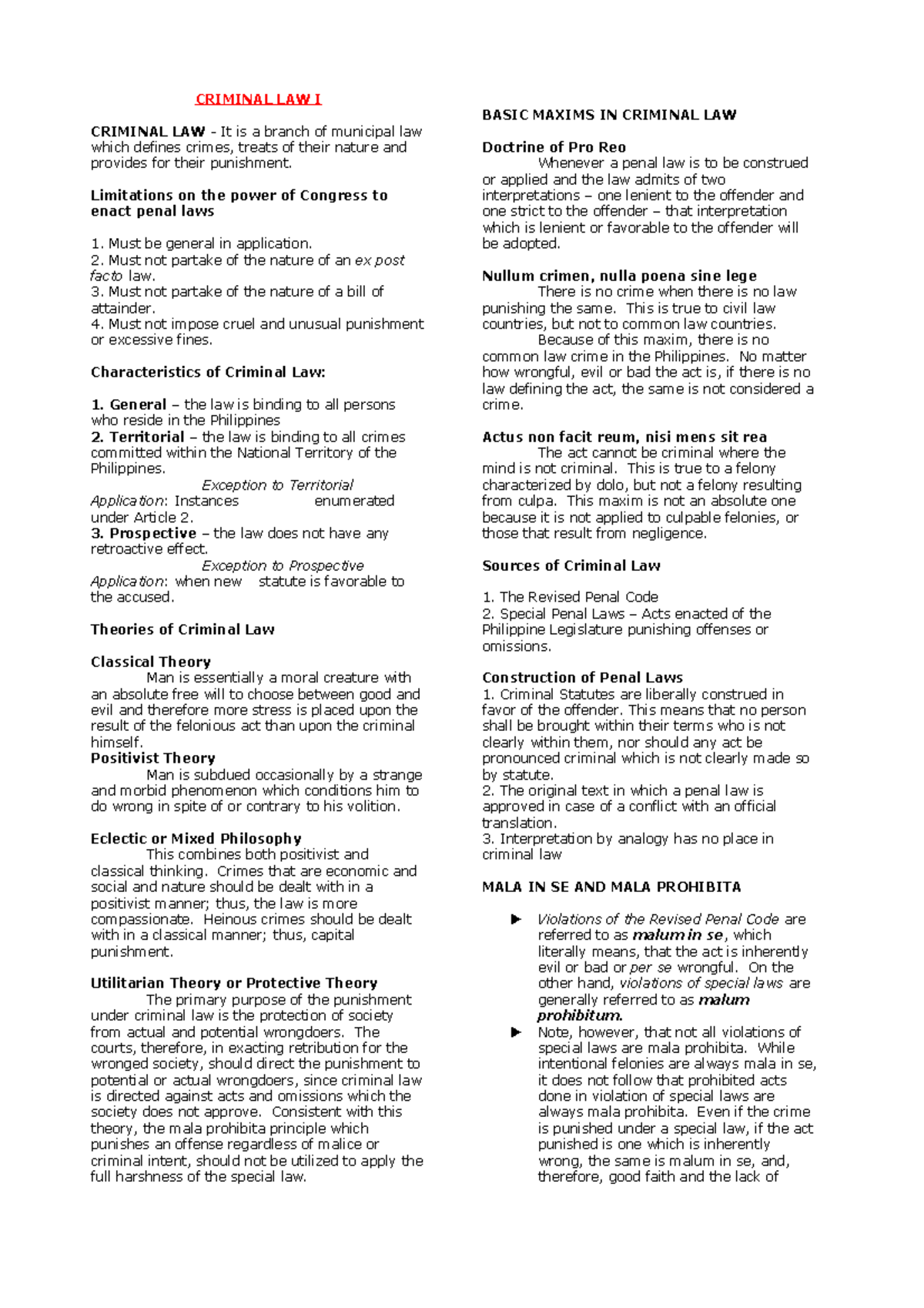 Crminal 1 and 2 - Criminal Investigation Course Reviewer - CRIMINAL LAW ...