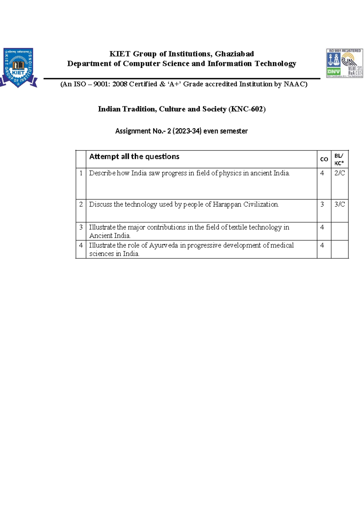ITCS Assignmnet 2-1 - KIET Group of Institutions, Ghaziabad Department ...