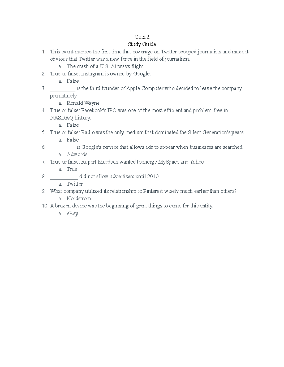 Quiz 2 - Study Guide - Quiz 2 Study Guide This event marked the first ...