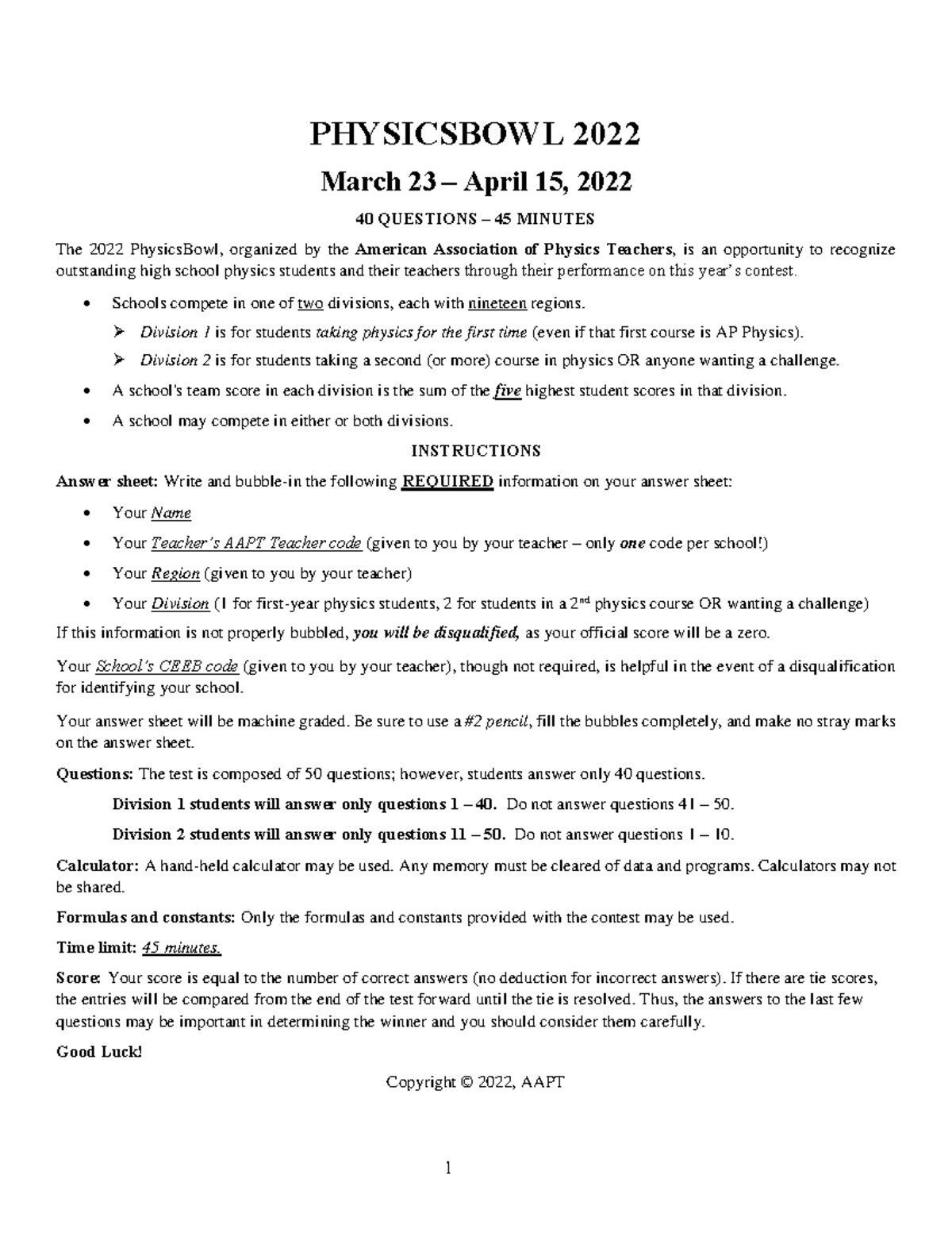 2022 Physics Bowl真题 - PHYSICSBOWL 2022 March 23 – April 15, 2022 40 ...
