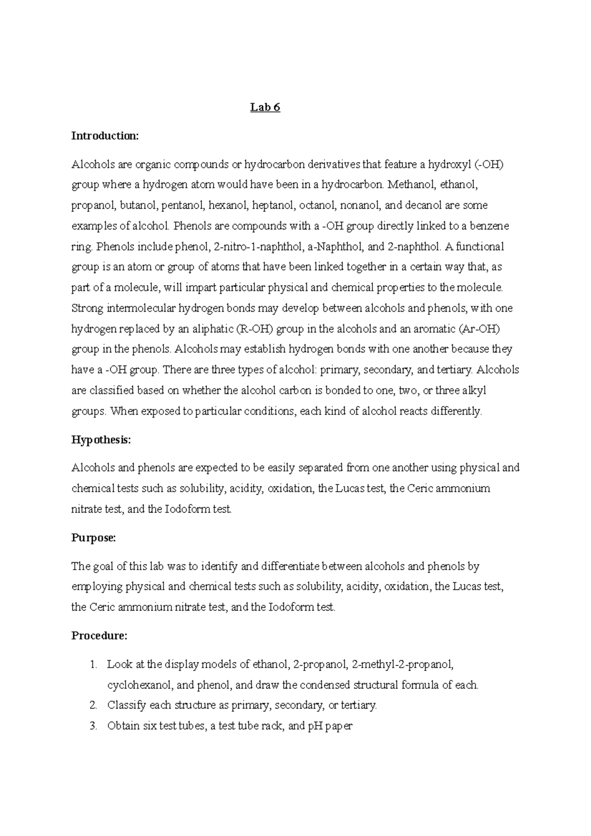 Lab 6 - This is the lab 6. - Lab 6 Introduction: Alcohols are organic ...