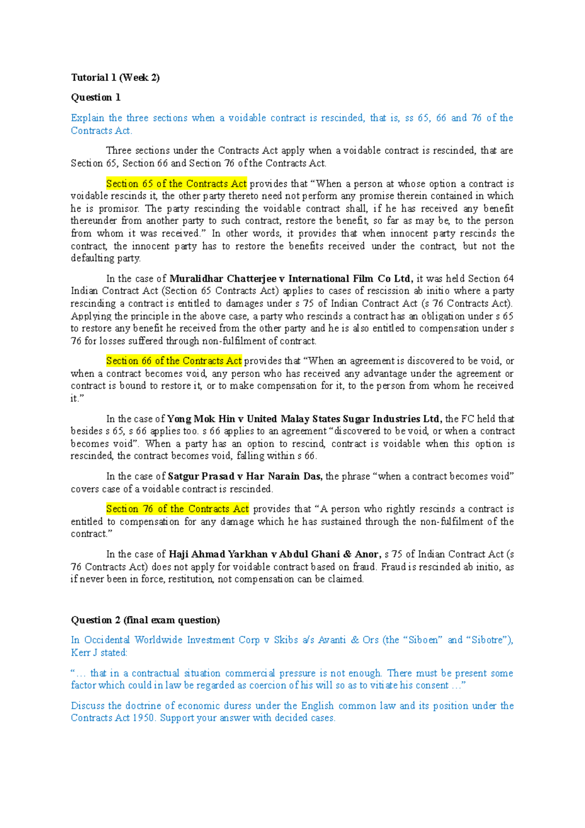 355613 Tutorial 1 (Contract Law II) - Tutorial 1 (Week 2) Question 1 Explain the three sections ...