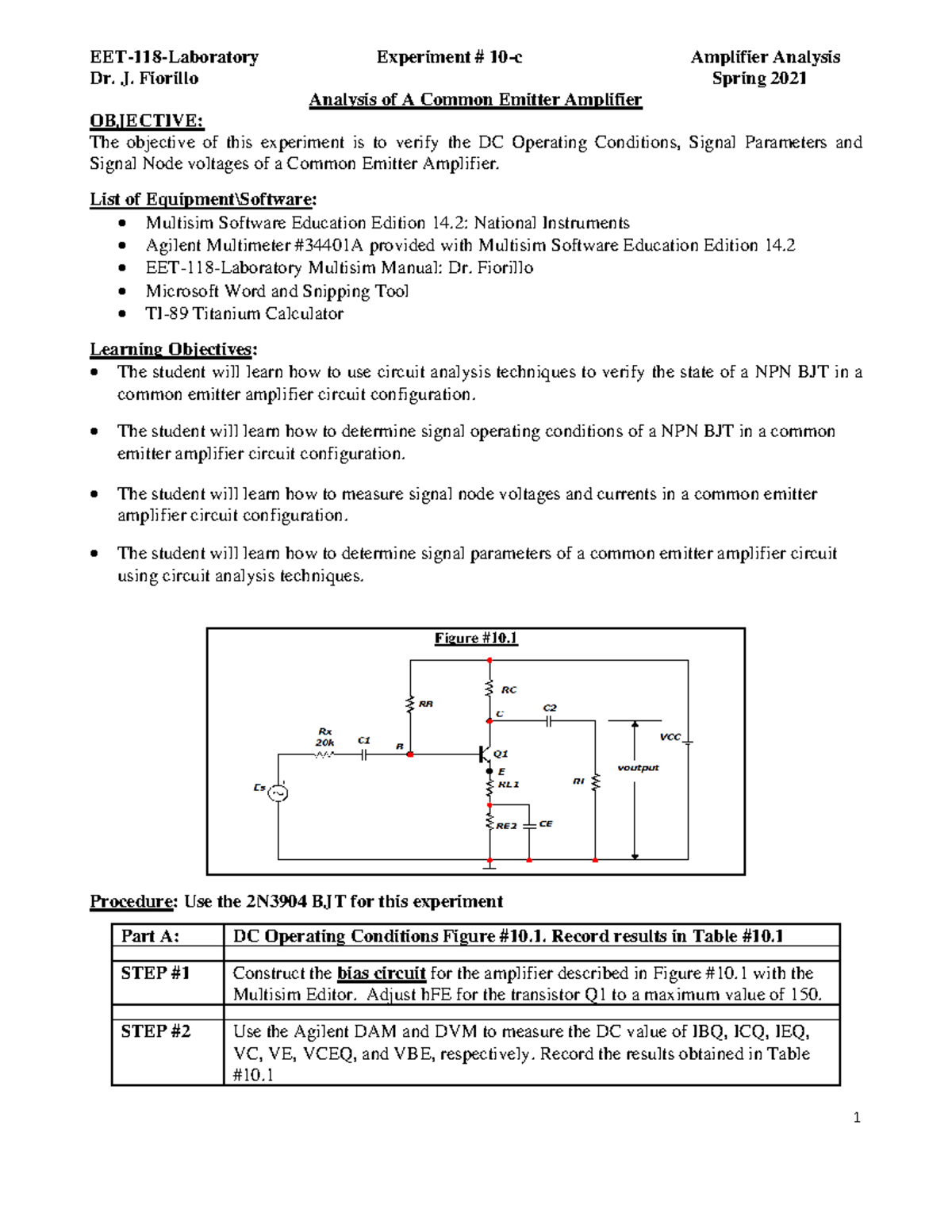EET 118 Lab Exp #10 Procedure - Dr. J. Fiorillo Spring 2021 Analysis of A Common Emitter ...