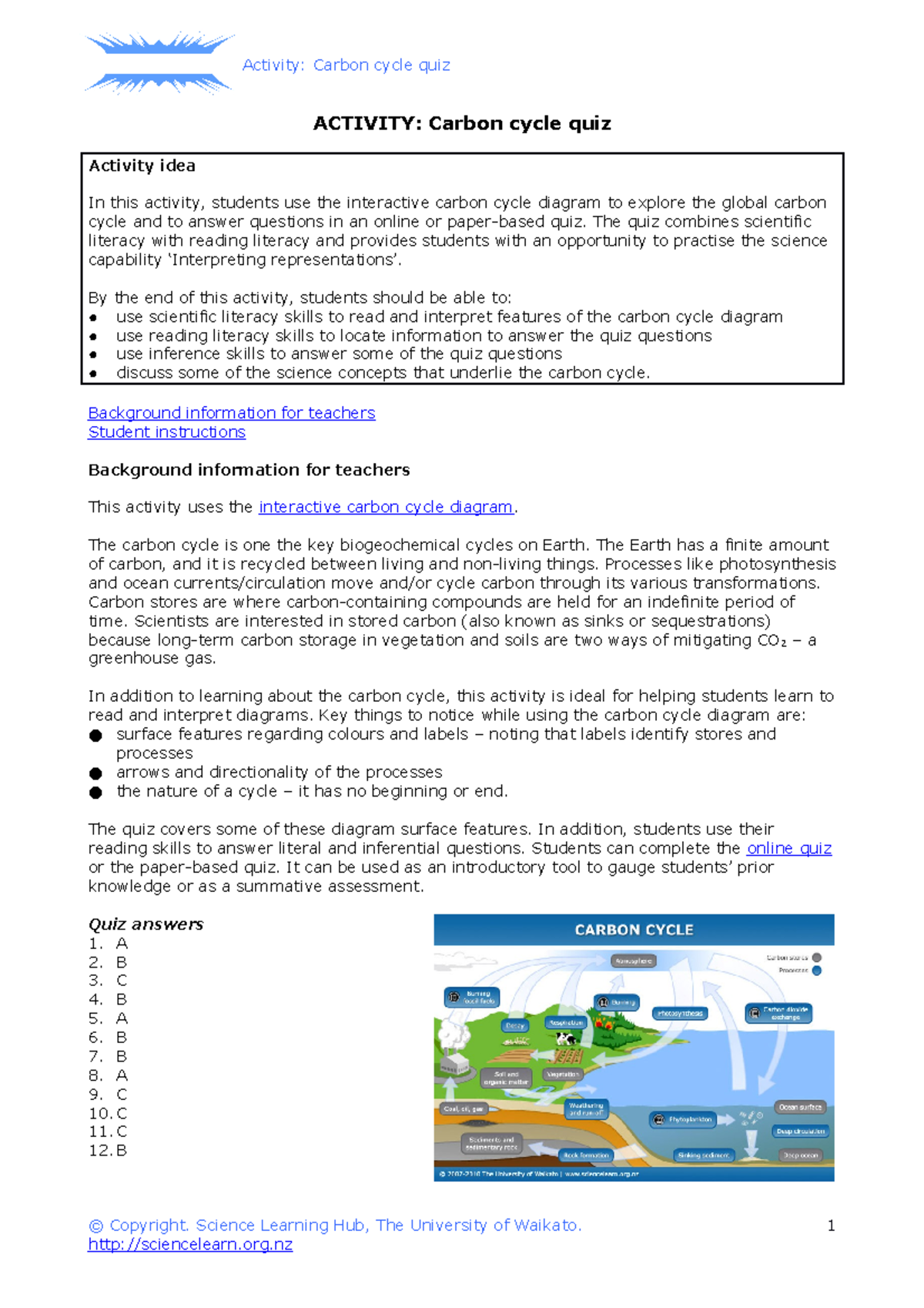 Carbon cycle quiz - Activity: Carbon cycle quiz ACTIVITY: Carbon cycle ...