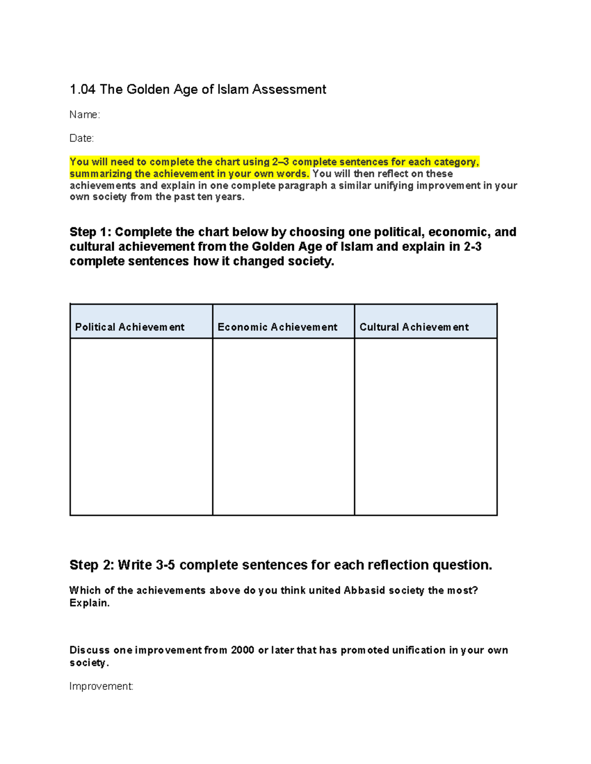 104 V23 - 1 The Golden Age of Islam Assessment Name: Date: You will ...