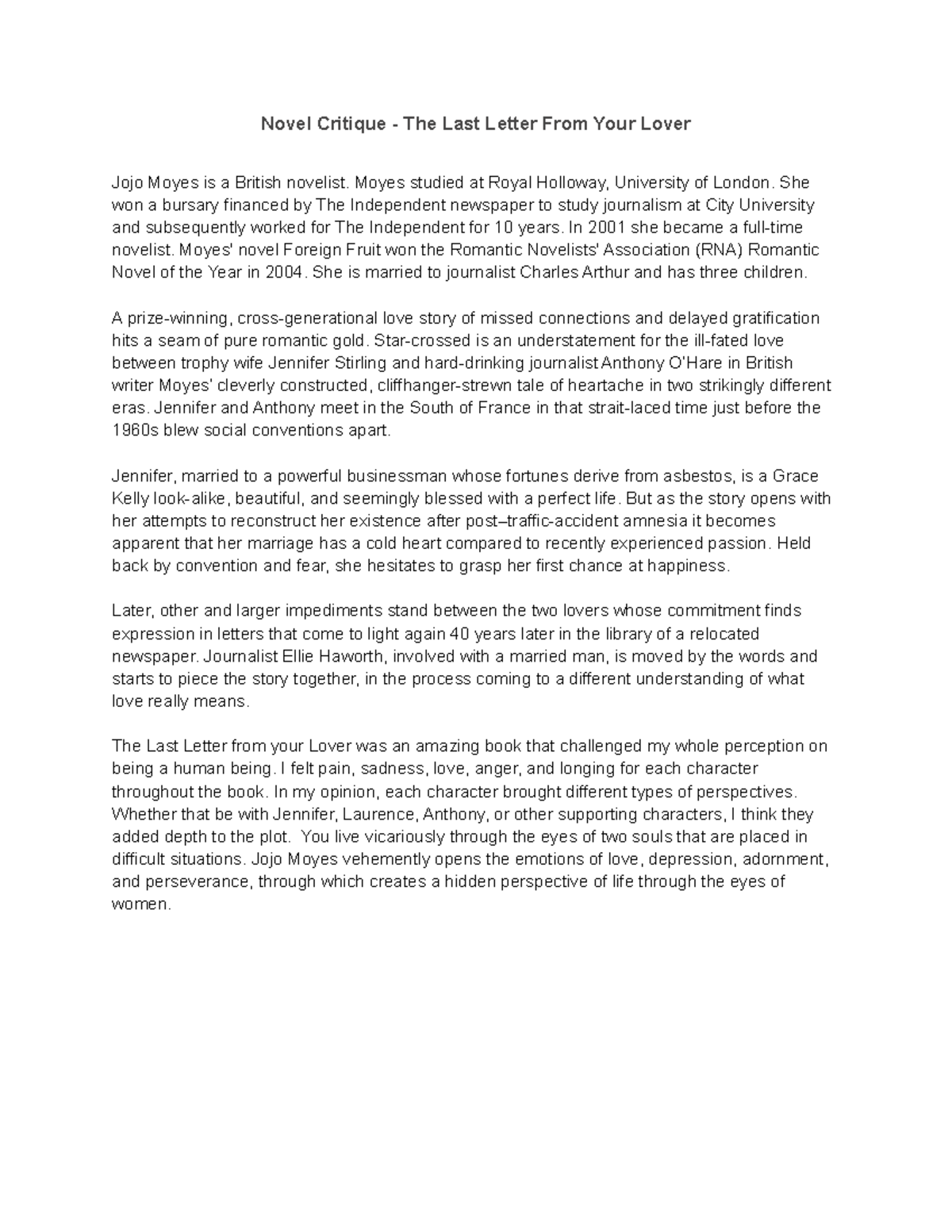 Novel Critique - The Last Letter From Your Lover - Moyes studied at ...