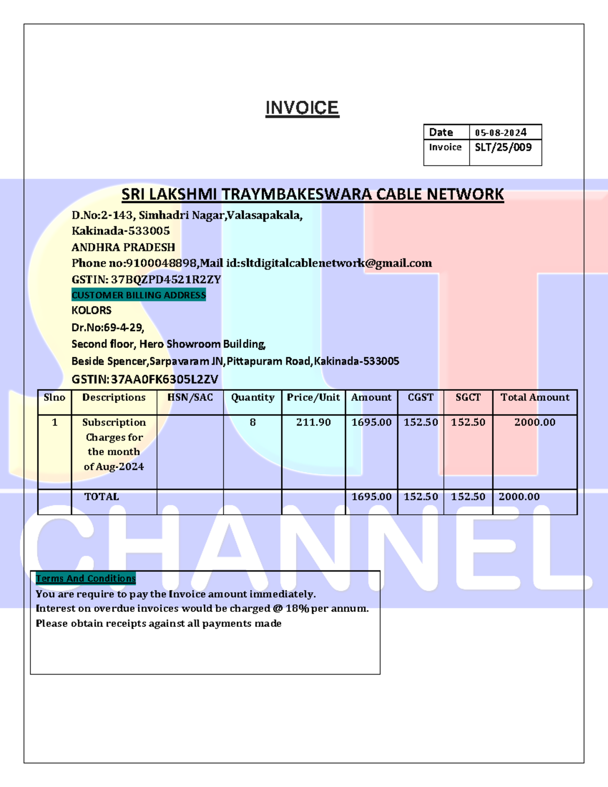 Kolors Aug 24 Bill - asdsa - INVOICE SRI LAKSHMI TRAYMBAKESWARA CABLE ...