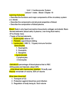 In Class Notes- Cardiovascular System - In Class Notes PCW Topics ...