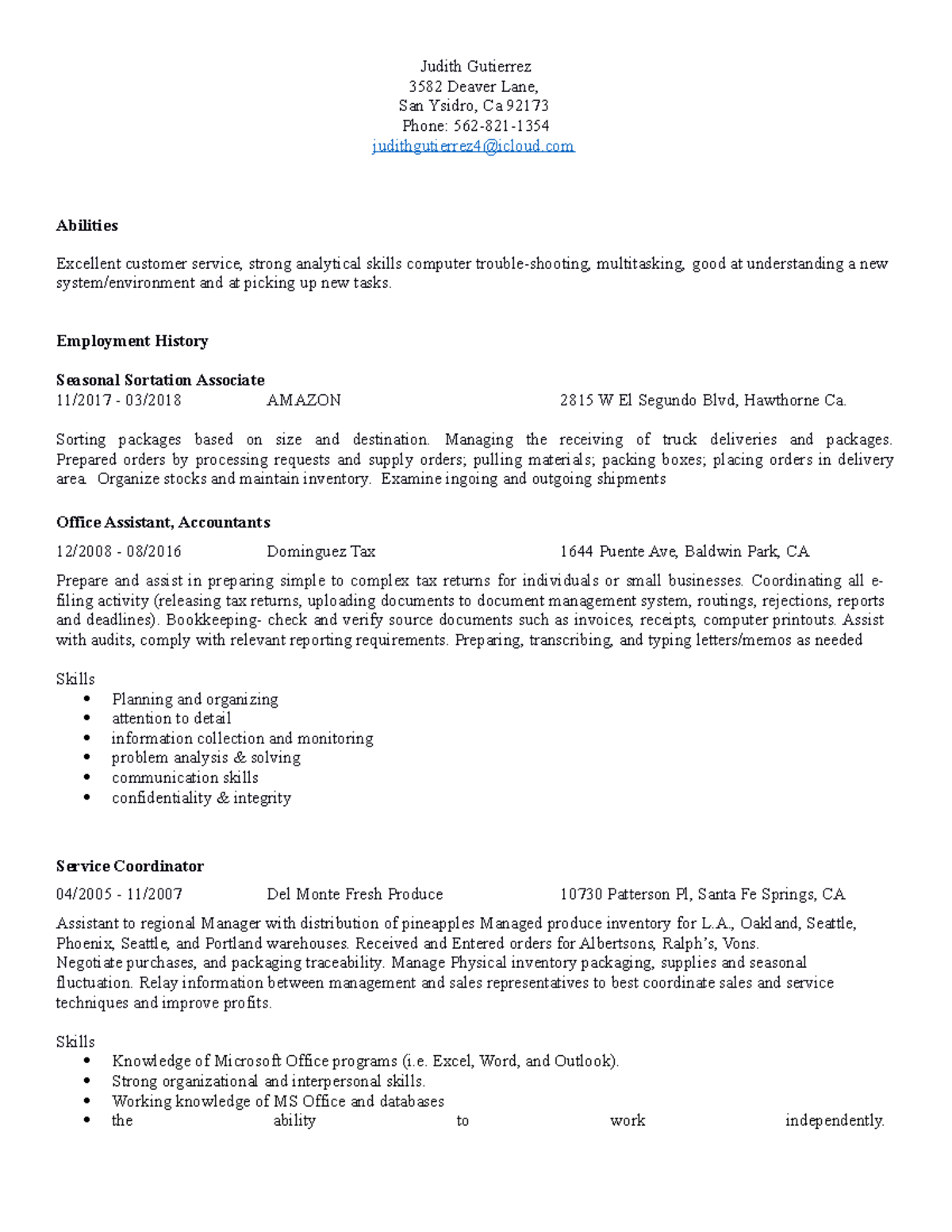 Judy resume - gggdghtr - Judith Gutierrez 3582 Deaver Lane, San Ysidro ...
