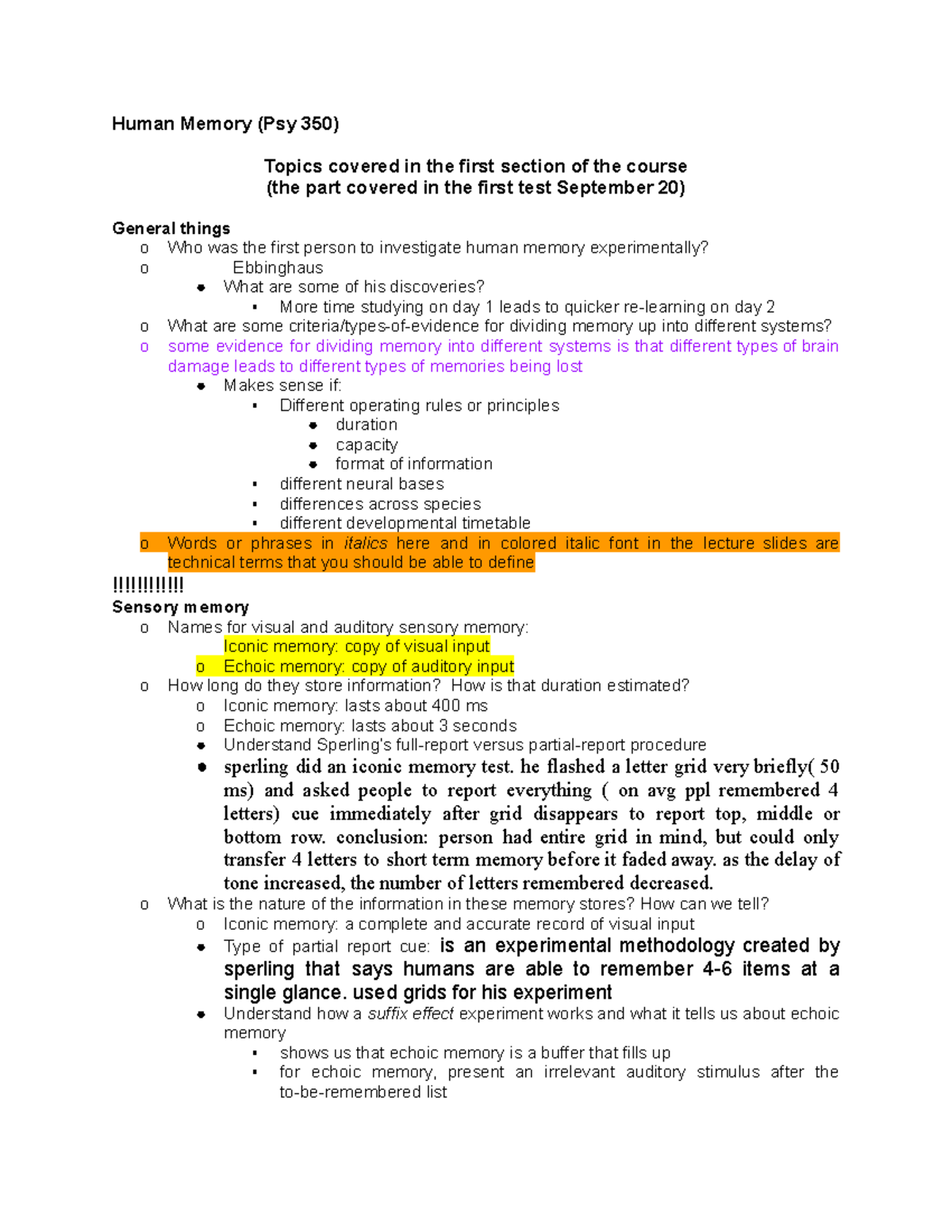Human memory test 1 study guide - Human Memory (Psy 350) Topics covered ...
