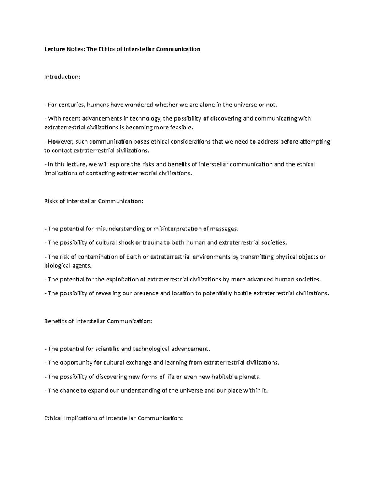 Lecture Notes: The Ethics of Interstellar Communication - Lecture Notes ...